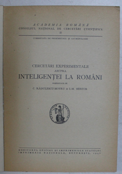 CERCETARI EXPERIMENTALE ASUPRA INTELIGENTEI LA ROMANI PREZENTATE de C ...