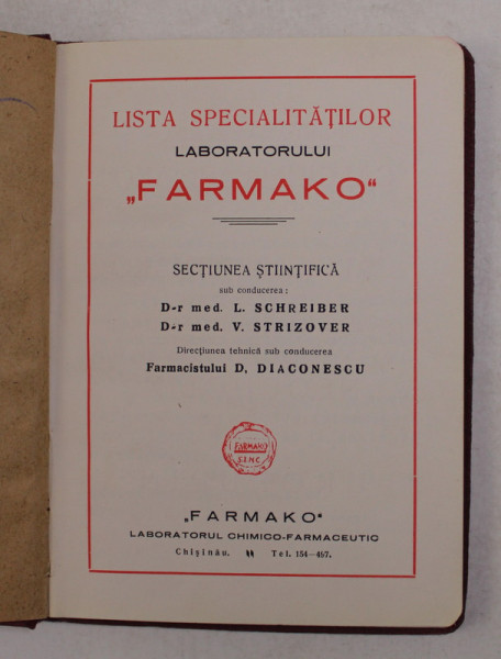 LISTA SPECIALITATILOR LABORATORULUI ' FARMAKO ' , EDITIE INTERBELICA